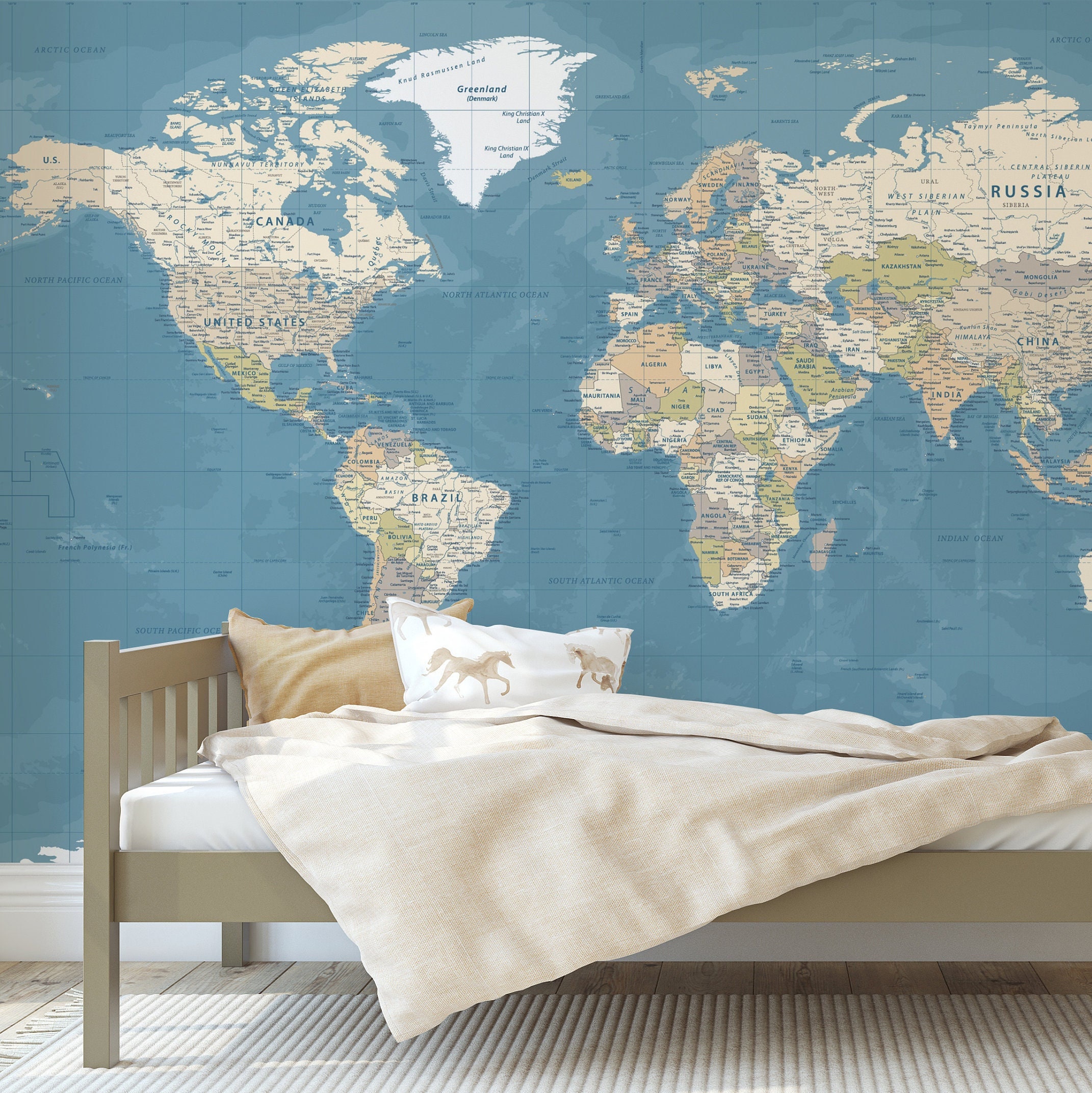 Blue World Map Wallpaper Mural - Removable Self-adhesive Wallpaper ...