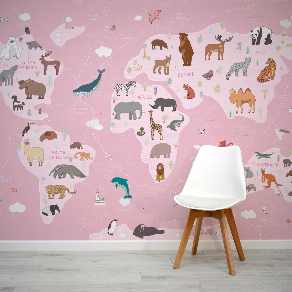 Opal World Map of Animals Atlas Pink Wallpaper Mural - Removable Self ...