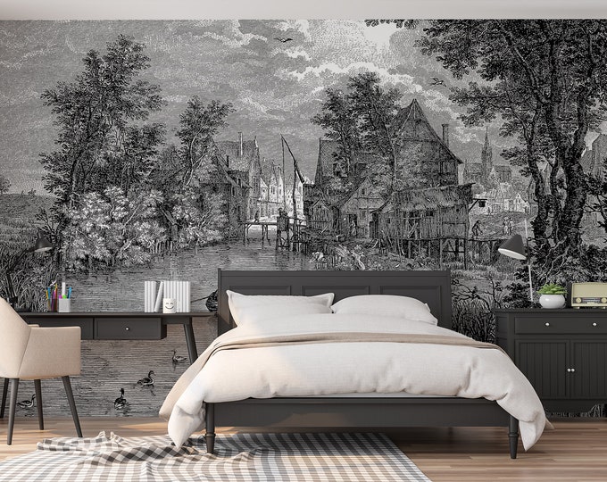 Vintage River Scene Wallpaper Etched Design - Etsy