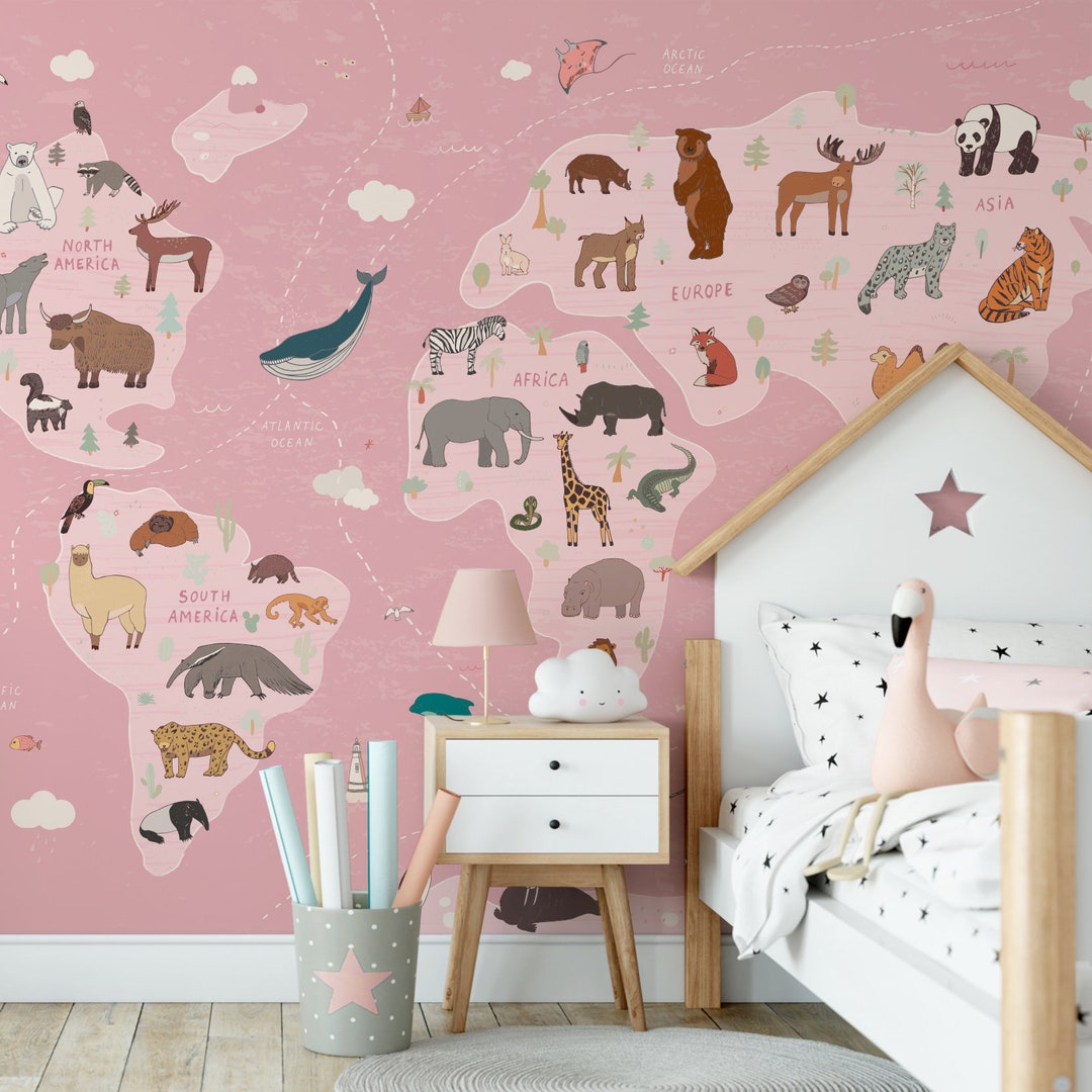 Opal World Map of Animals Atlas Pink Wallpaper Mural - Removable Self ...