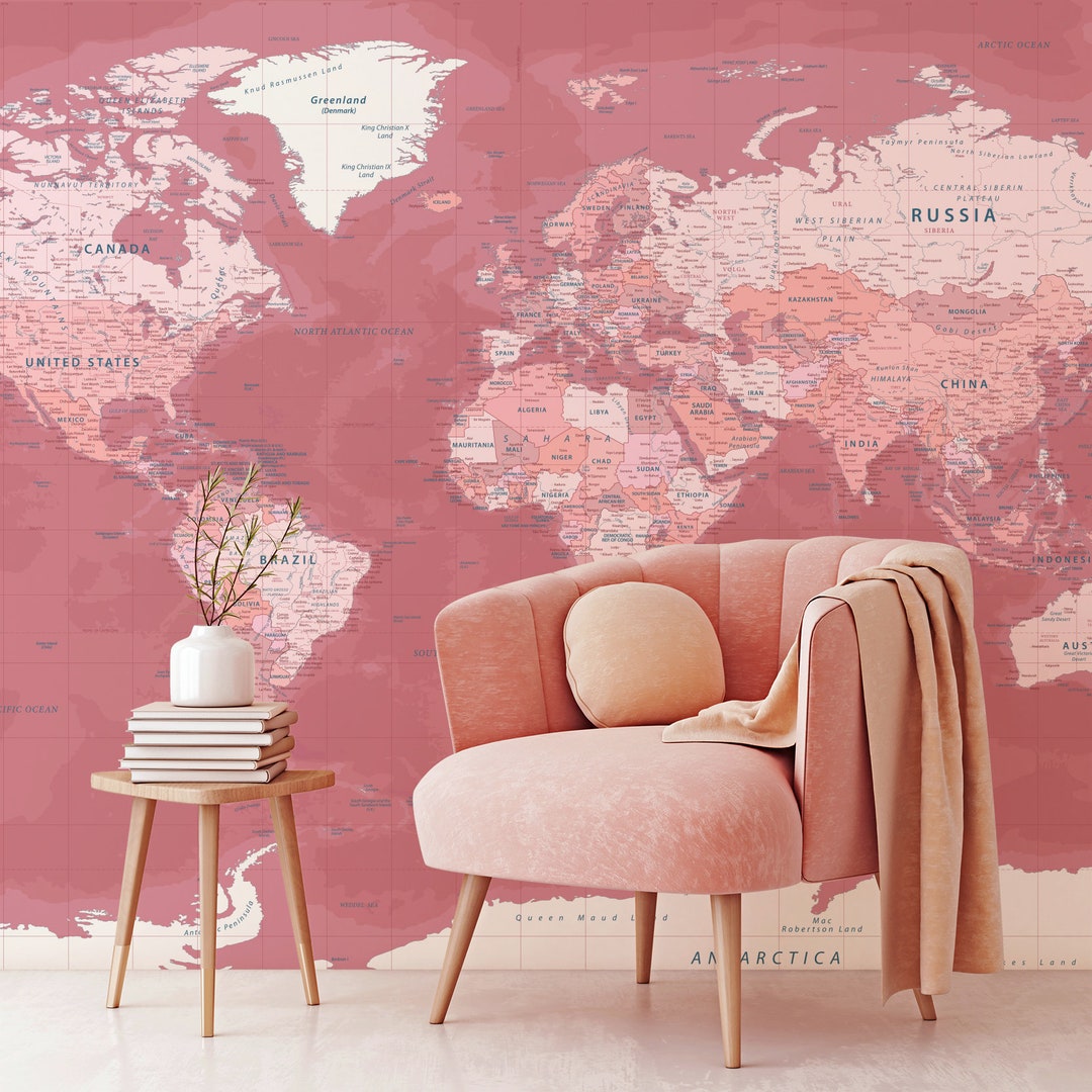 Pink World Map Wallpaper Mural - Removable Self-adhesive Wallpaper ...