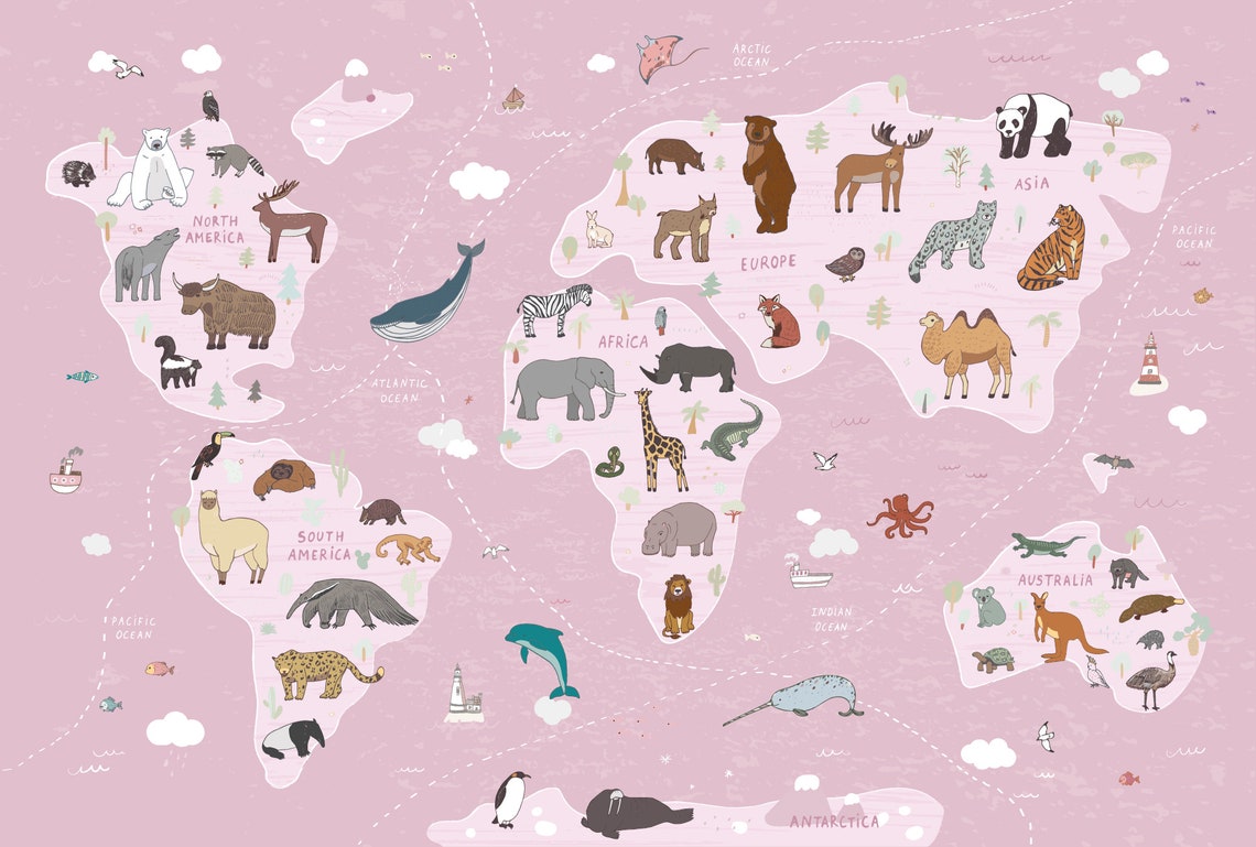 Opal World Map of Animals Atlas Pink Wallpaper Mural - Removable Self ...