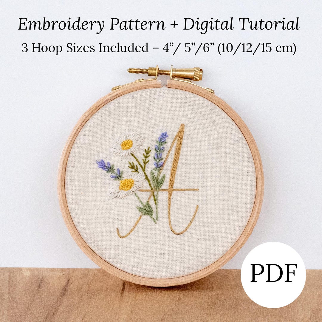 Floral Letter A Embroidery Pattern PDF, Lavender & Daisy Initial ...