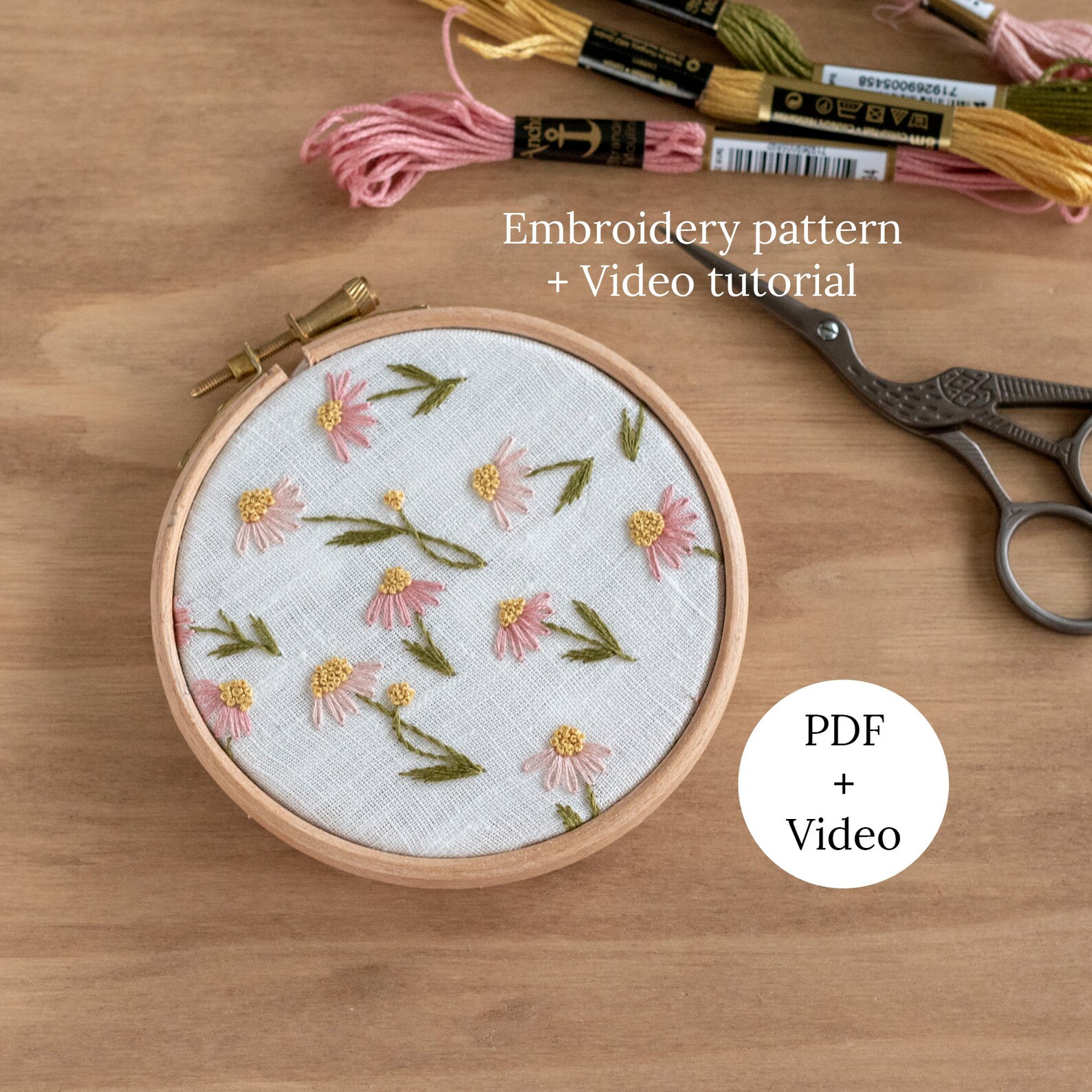 Daisies Print Embroidery Pattern Video Tutorial Begginer - Etsy