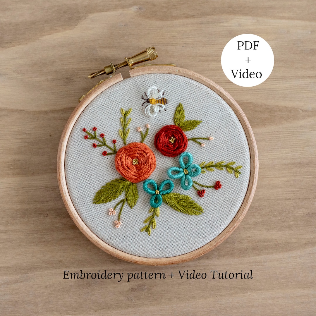 Flowers & Bee Hand Embroidery Pattern, Botanical Stumpwork Design ...