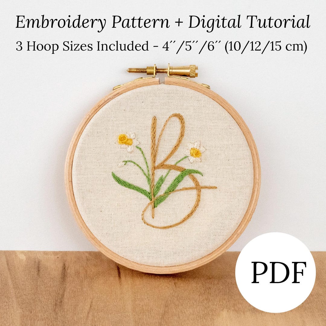 Floral Letter B Embroidery Pattern PDF, Daffodil Initial Tutorial ...