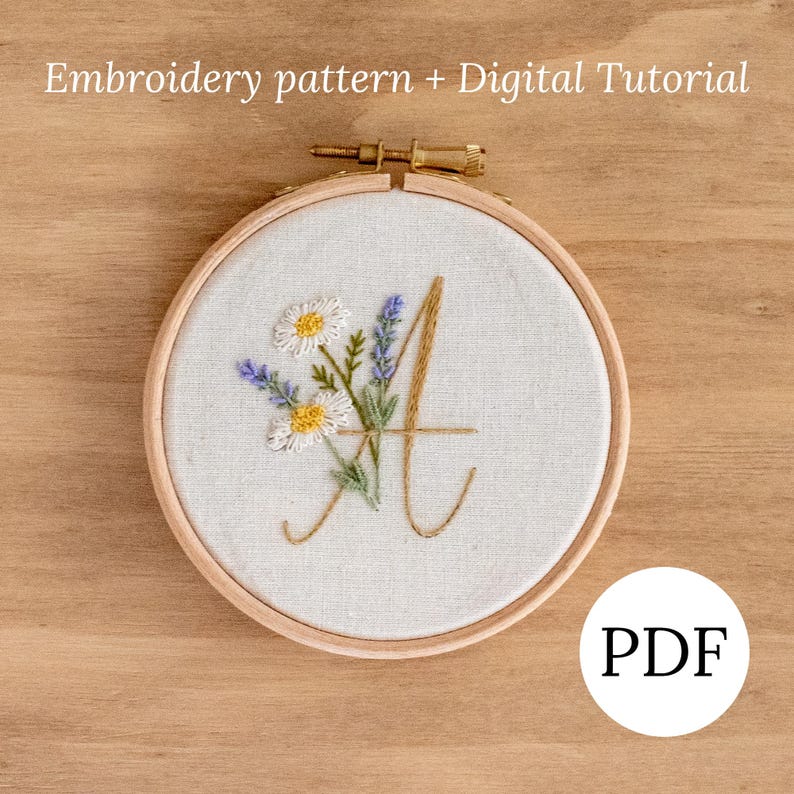 Floral Letter A Embroidery Pattern PDF, Lavender & Daisy Initial ...