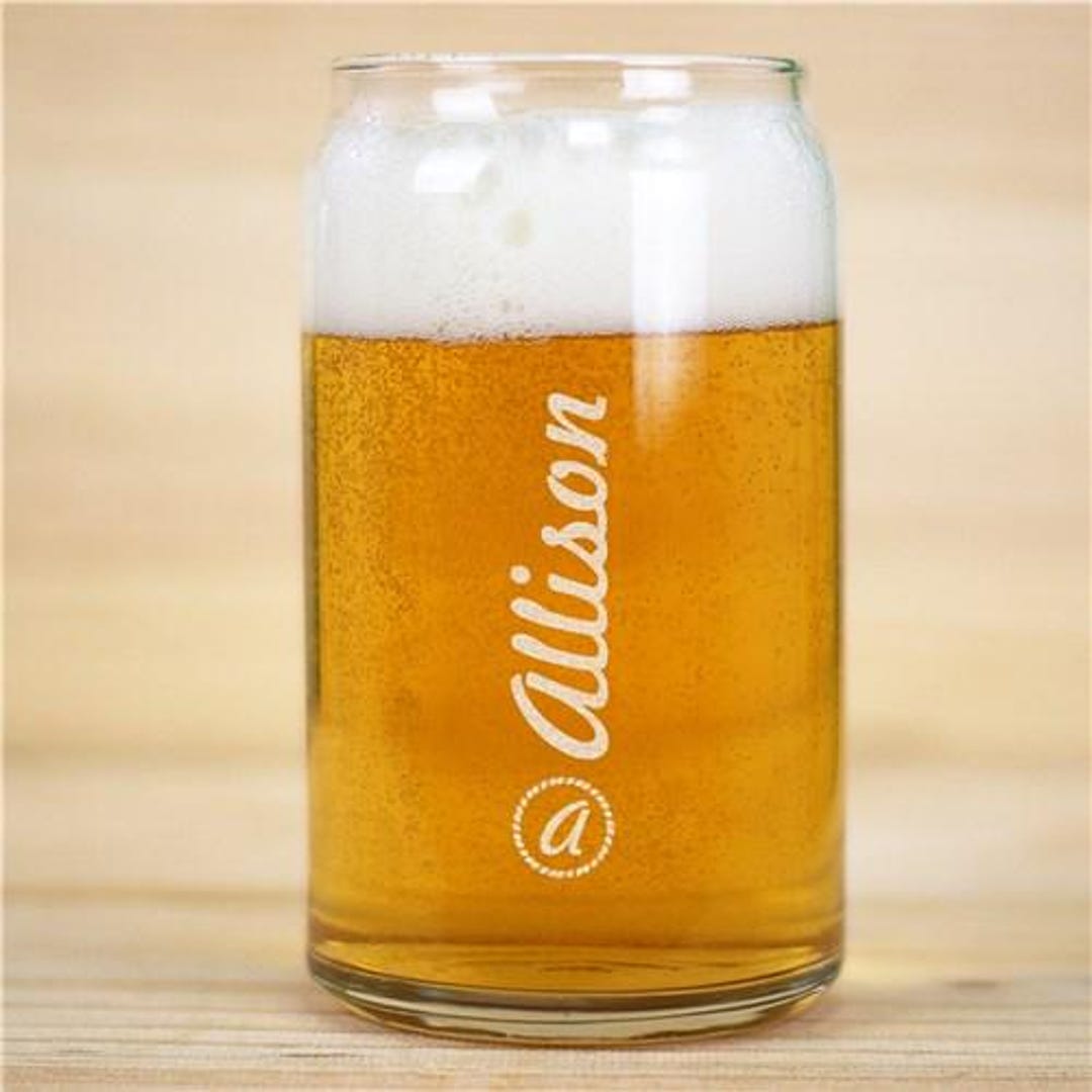 Personalized Beer Can Glass - Engraved Script Font Initial in Circle ...