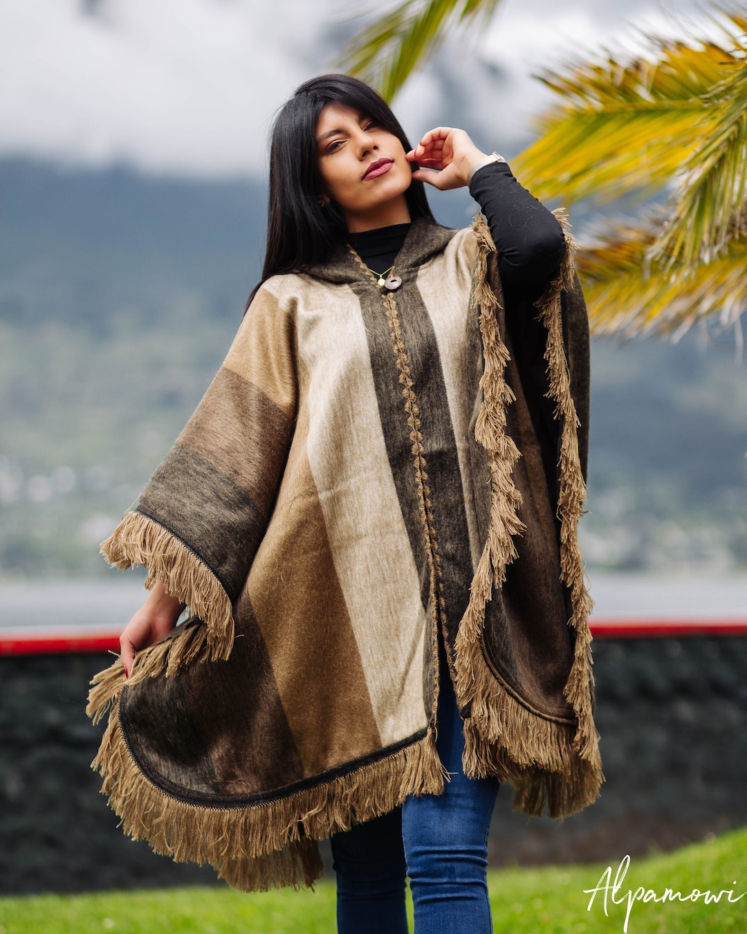 Taupe Alpaca Hooded Poncho | Boho Fringe Cape Shawl | Handwoven ...