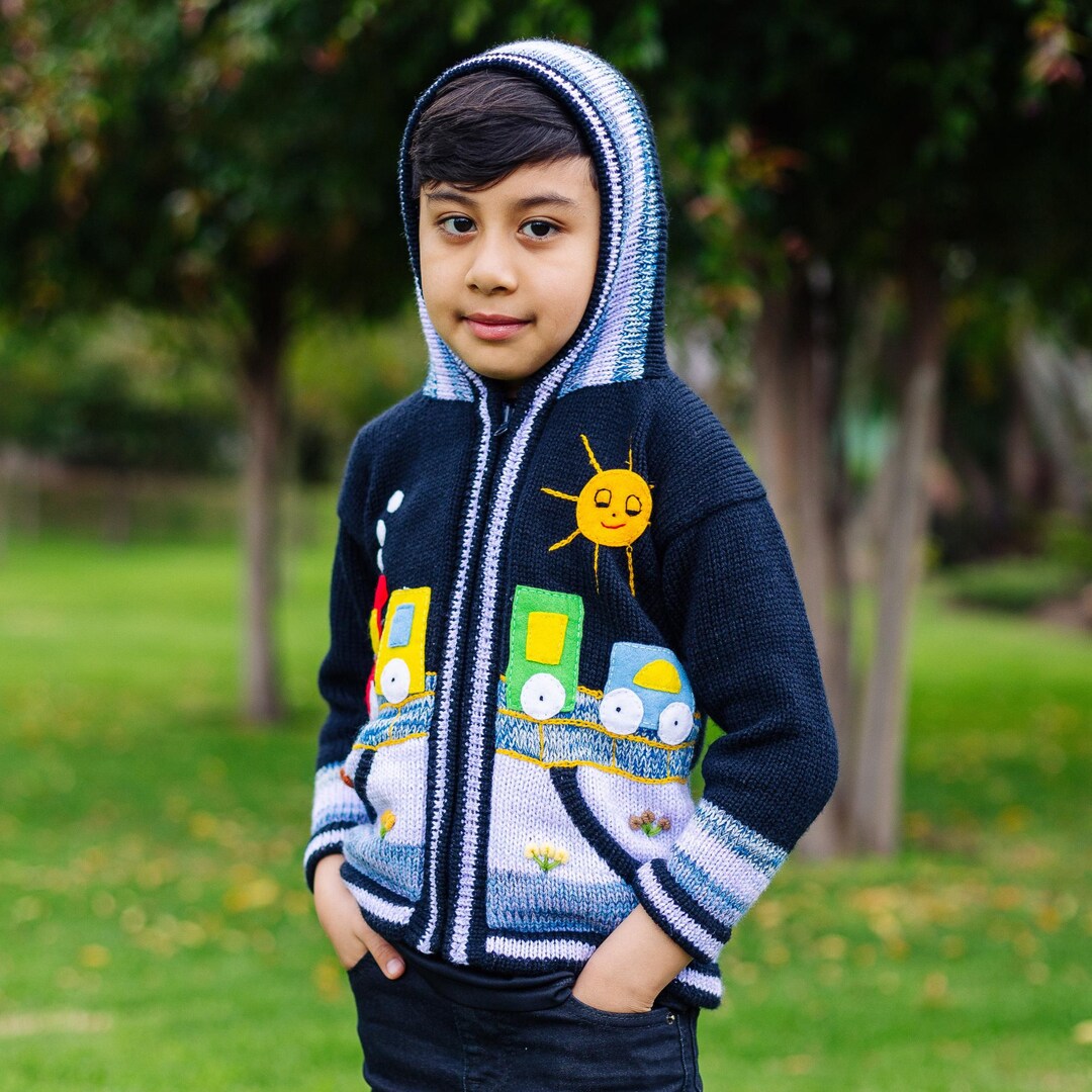 Handmade Kids Wool Sweater | Artisan Knit Hoodie With Train & Teddy ...