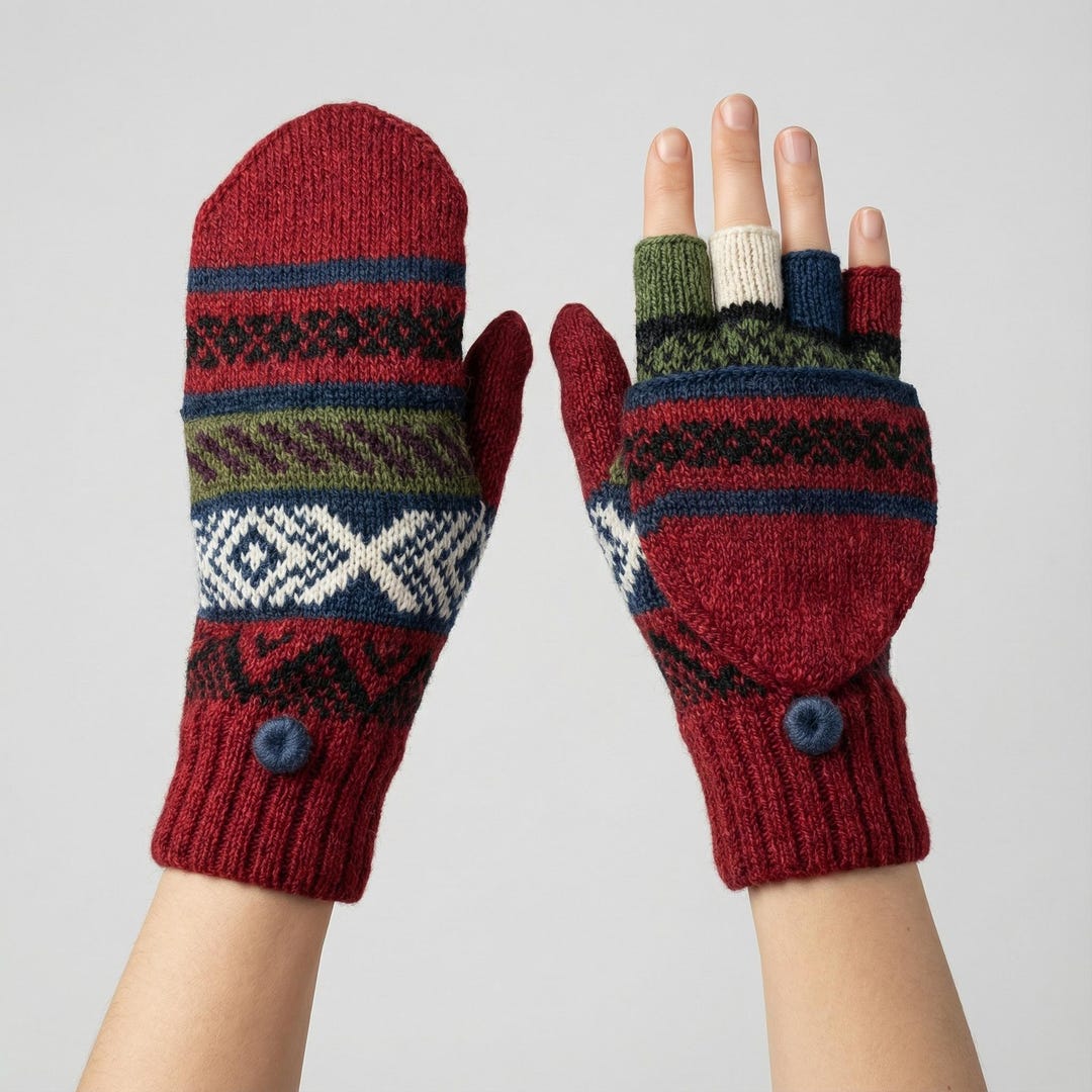 Red Alpaca Convertible Mittens | Fair Isle Wool Gloves | Warm Gift for ...