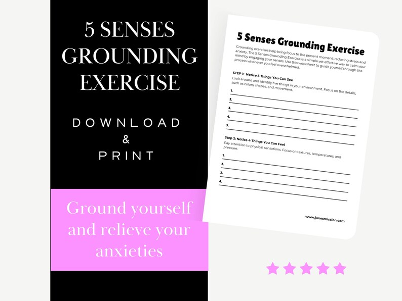 5 Senses Grounding Exercise Worksheet - Download & Print - Therapy ...