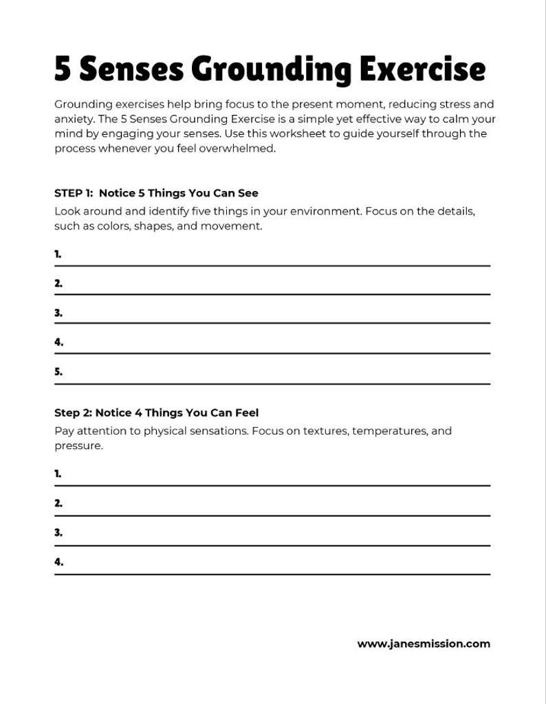 5 Senses Grounding Exercise Worksheet - Download & Print - Therapy ...