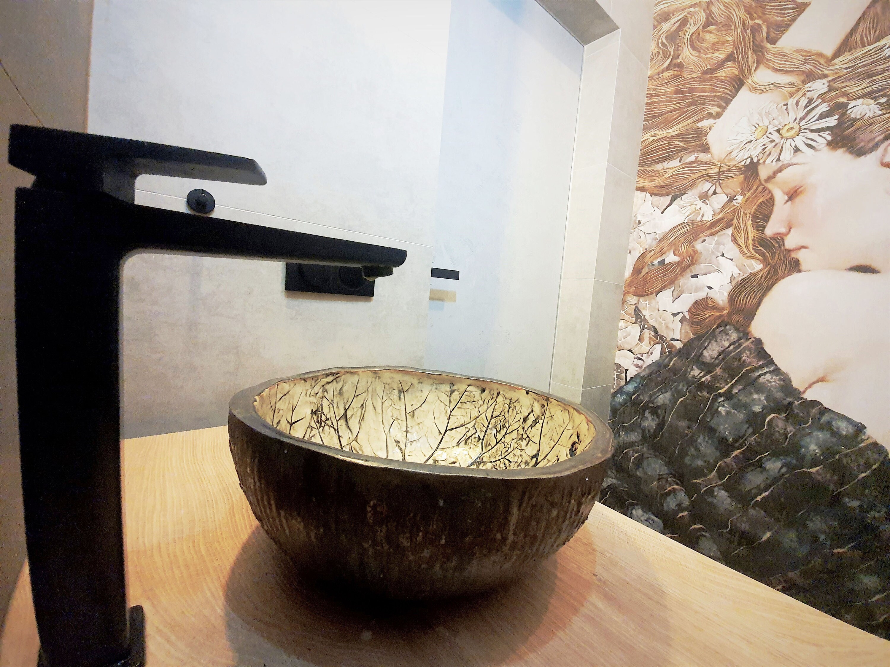 Leaf Motif Vessel Sink Eco Friendly Elegance, Handmade Brown Ceramic ...