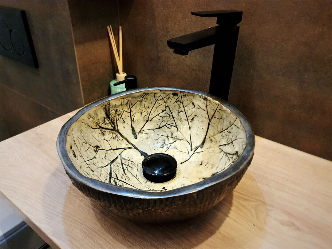 Leaf Motif Vessel Sink Eco Friendly Elegance, Handmade Brown Ceramic ...