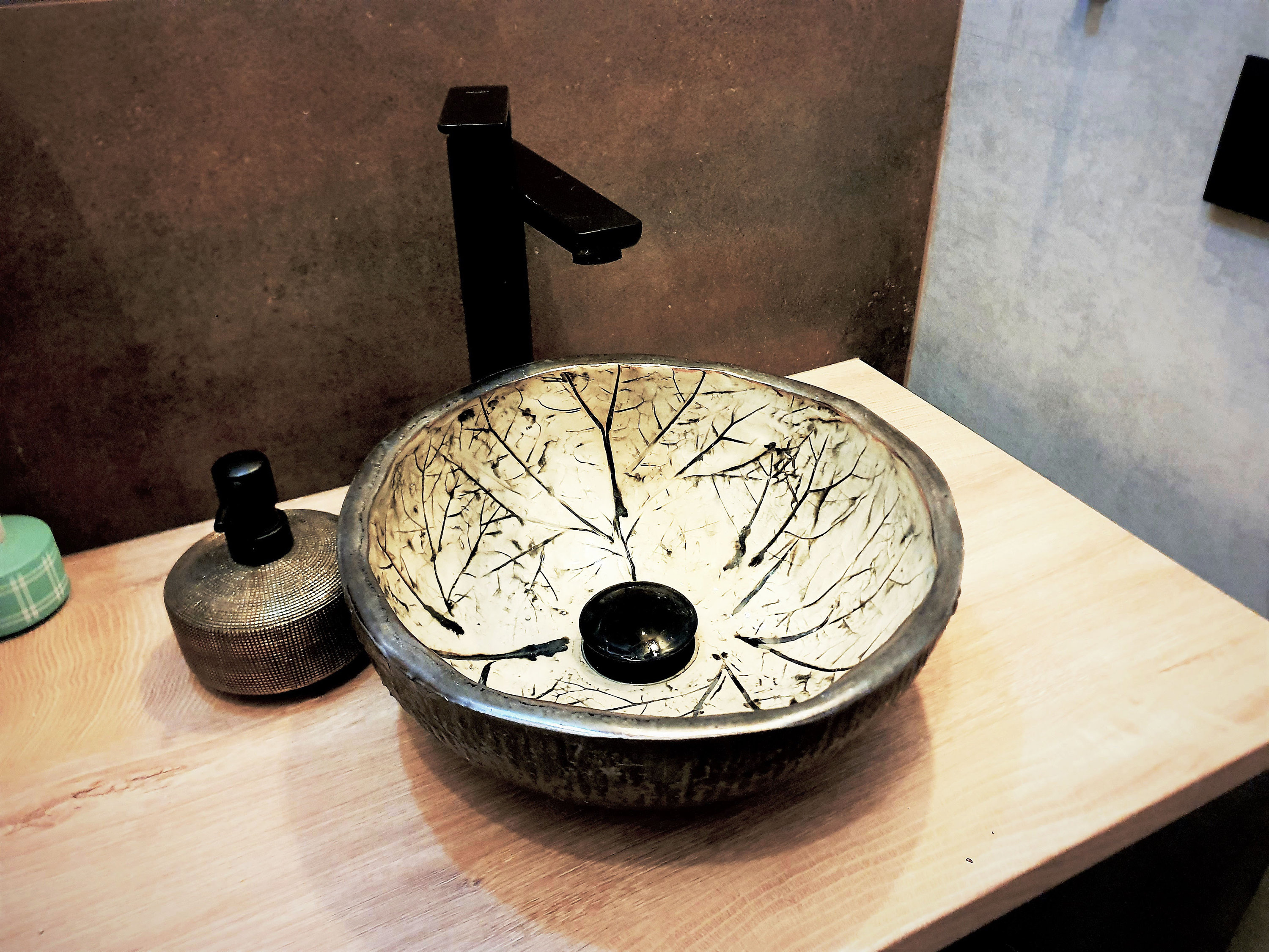 Leaf Motif Vessel Sink Eco Friendly Elegance, Handmade Brown Ceramic ...