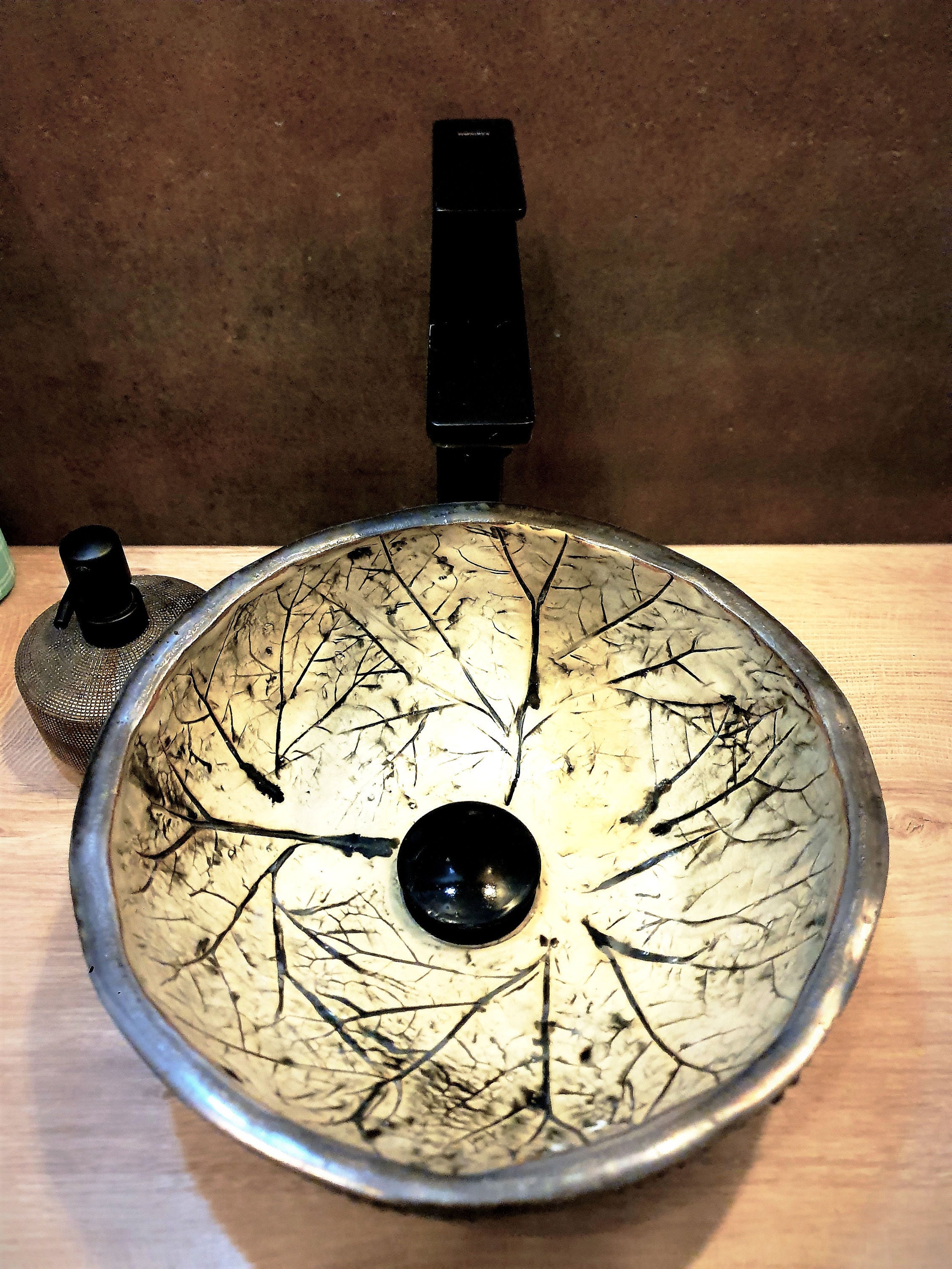 Leaf Motif Vessel Sink Eco Friendly Elegance, Handmade Brown Ceramic ...