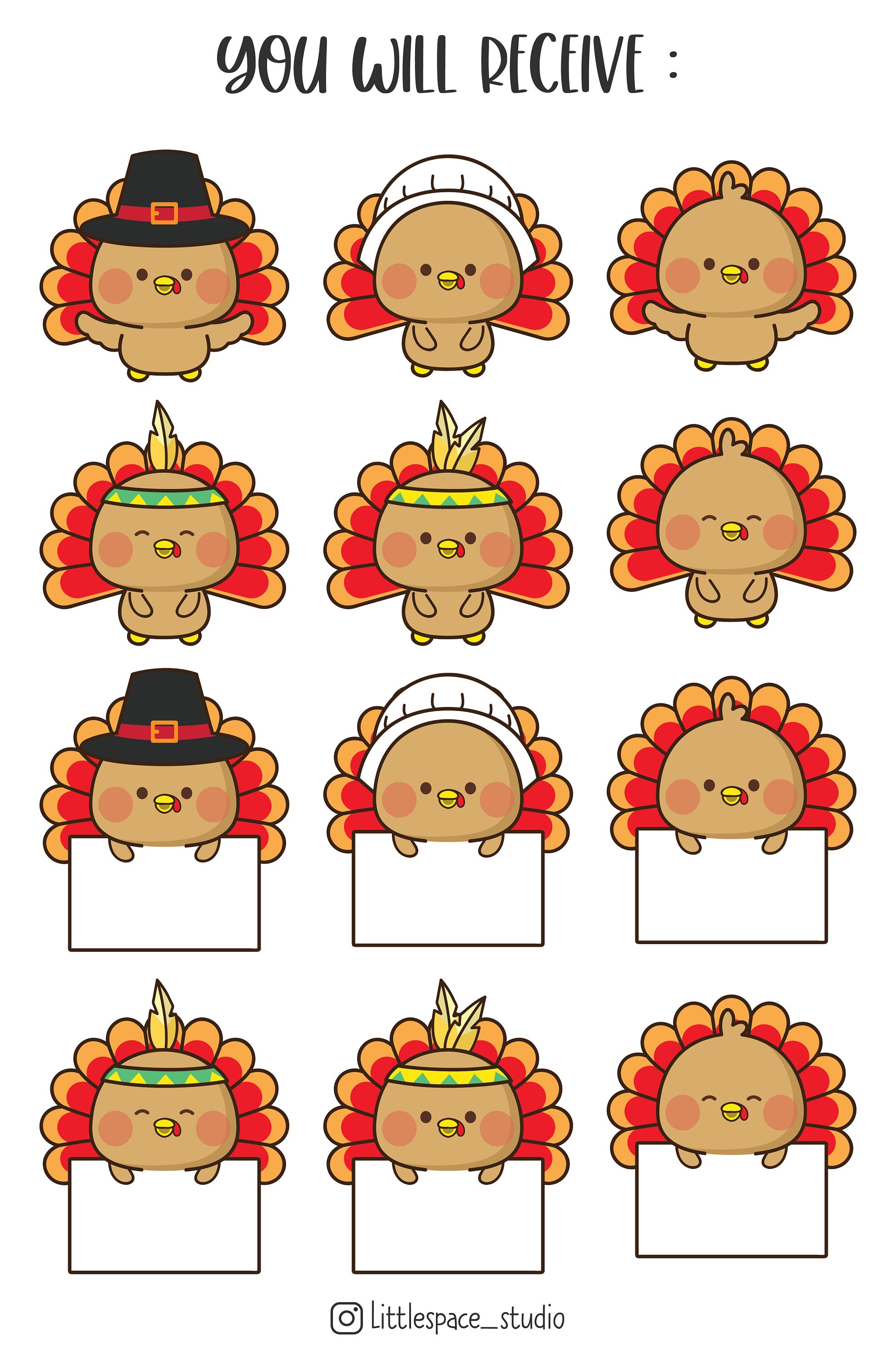 Cute Thanksgiving Turkey Clipart, Kawaii Style (digital Printable) - Etsy