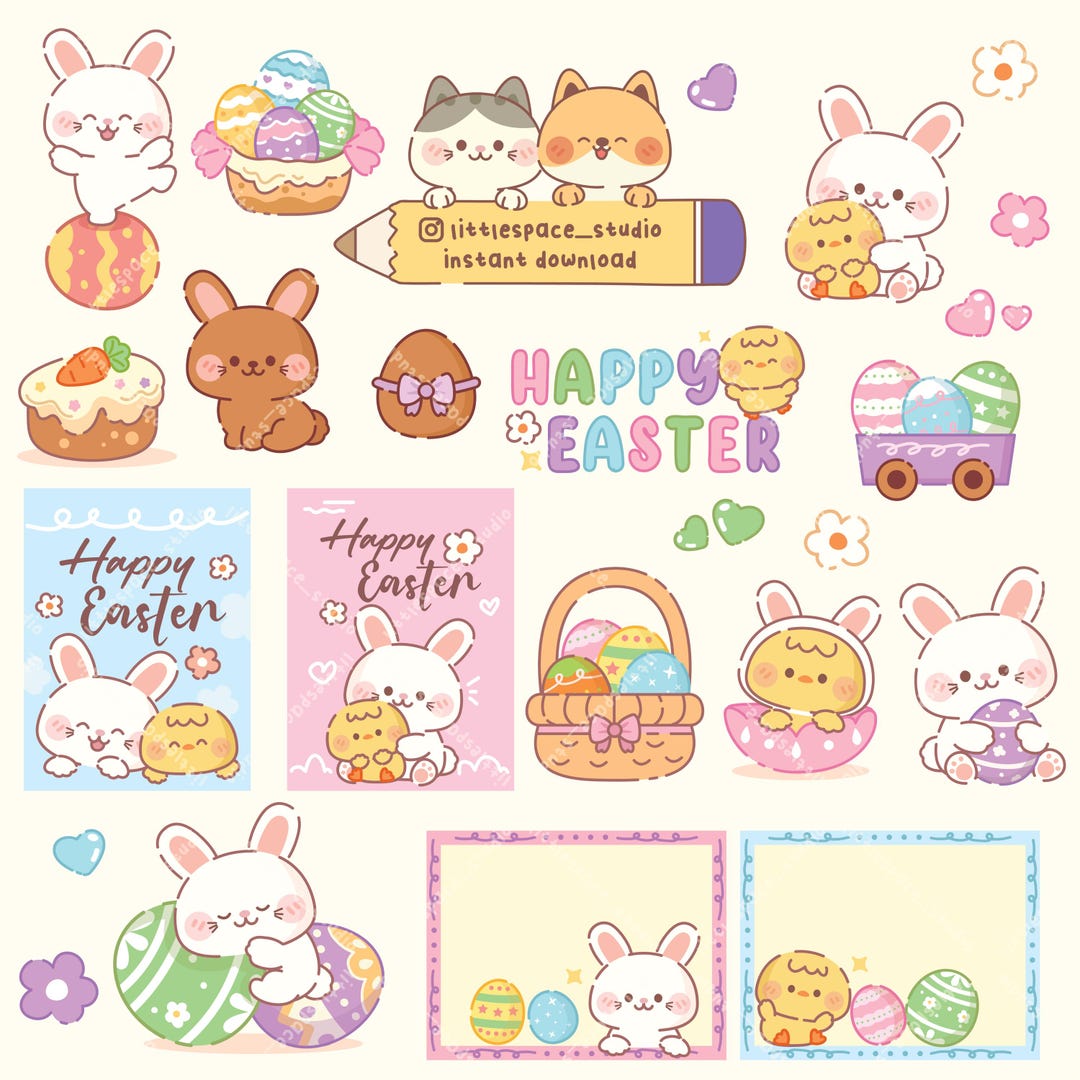 Kawaii Easter Clipart Bundle: Bunny, Chicks, Eggs (PNG) - Etsy