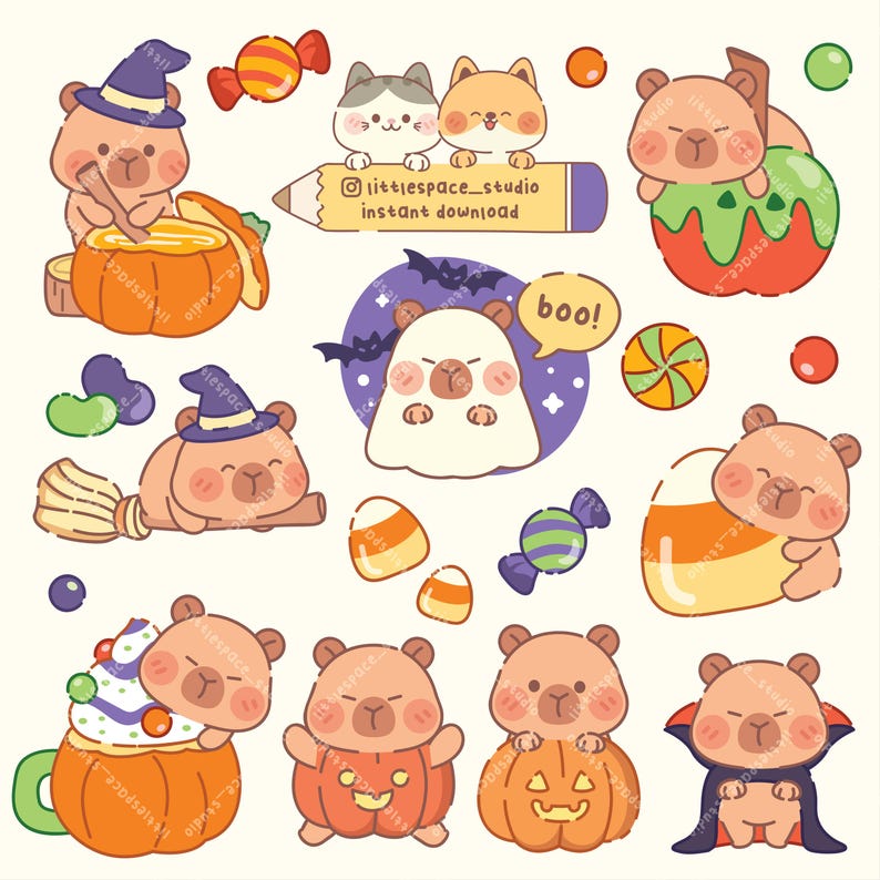 Capybara Halloween Clipart | Kawaii Pumpkin & Witch Designs (digital ...