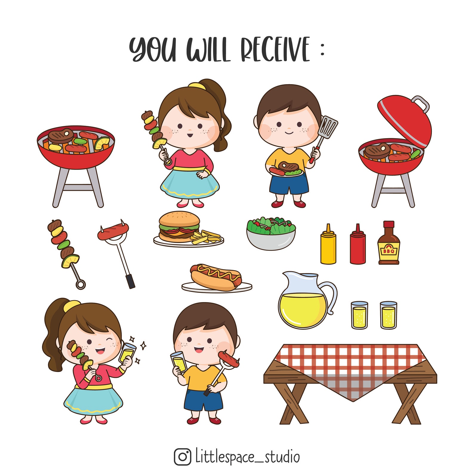 BBQ Time Clipart, Kawaii Clip Art, BBQ Clipart, Picnic Clipart, Food ...