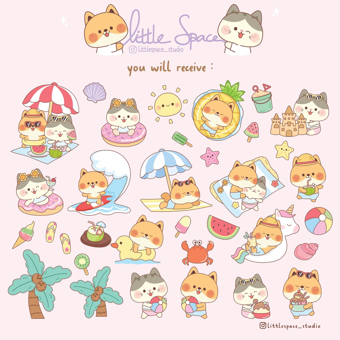 Cute Summer Clipart Set | Beach Pool Party Digital Clipart | Kawaii ...