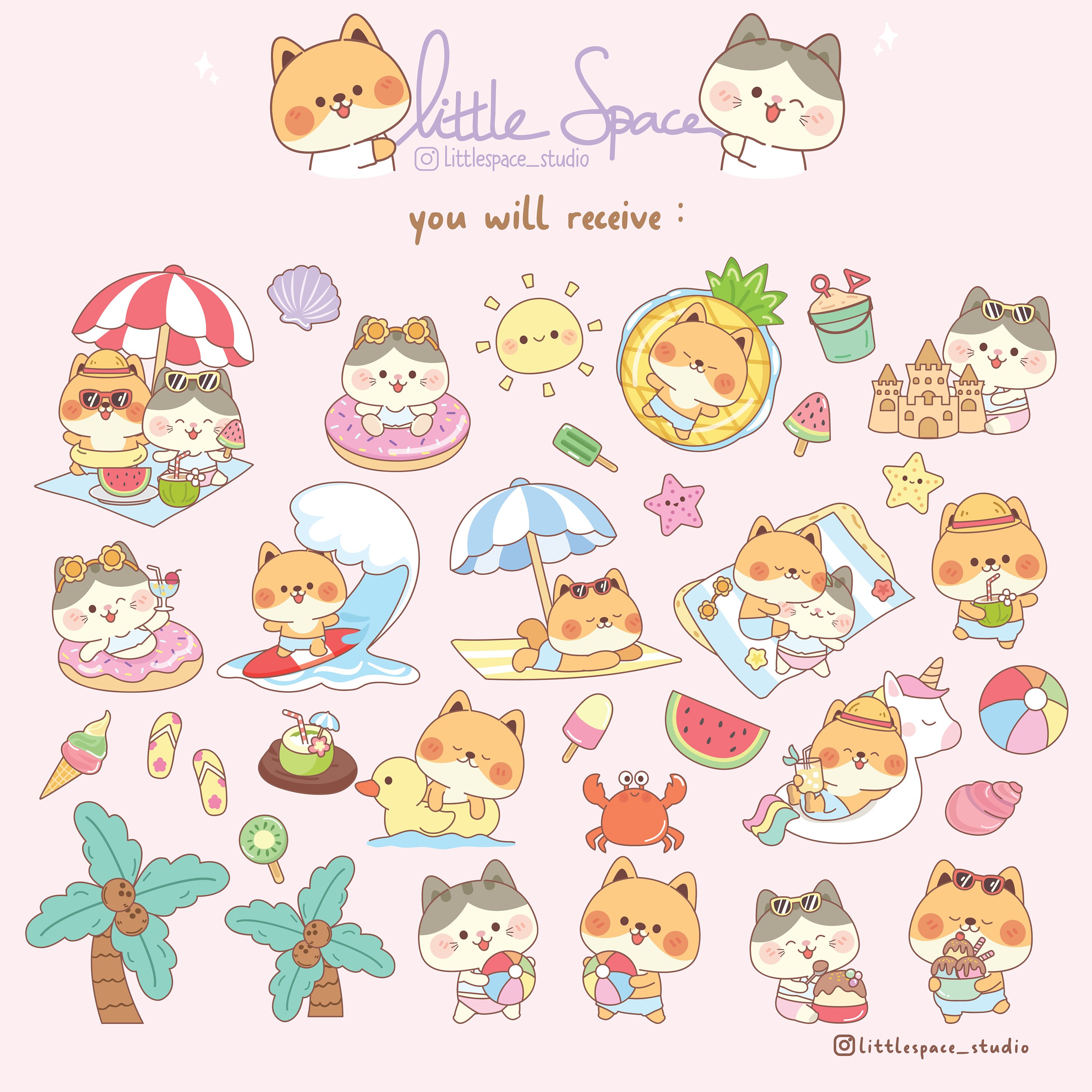 Cute Summer Clipart Set | Beach Pool Party Digital Clipart | Kawaii ...