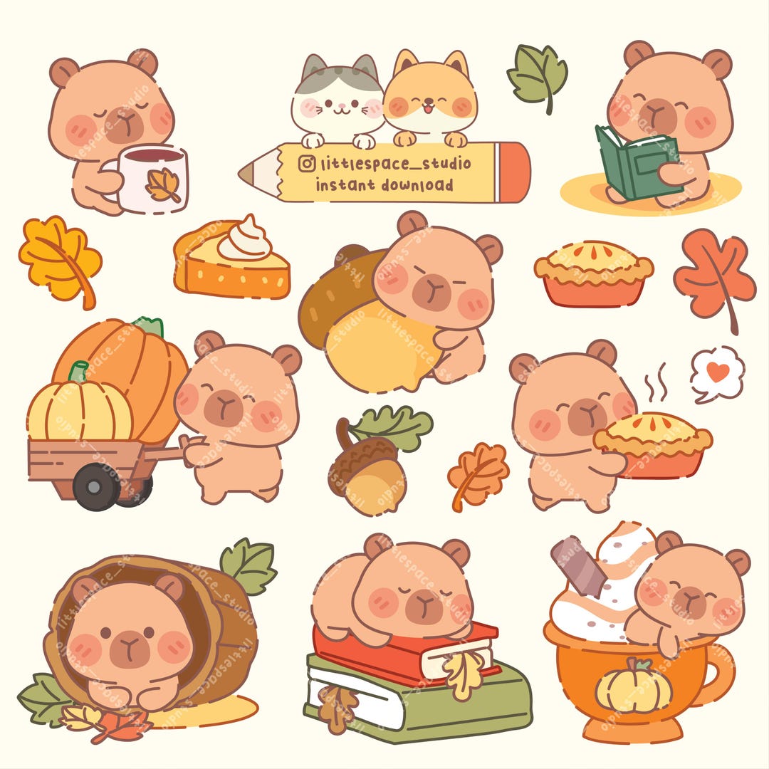 Capybara Fall Clipart | Cute Autumn Capybara With Pumpkin, Leaves, Cozy ...