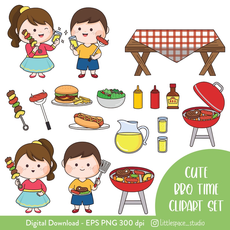 BBQ Time Clipart, Kawaii Clip Art, BBQ Clipart, Picnic Clipart, Food ...