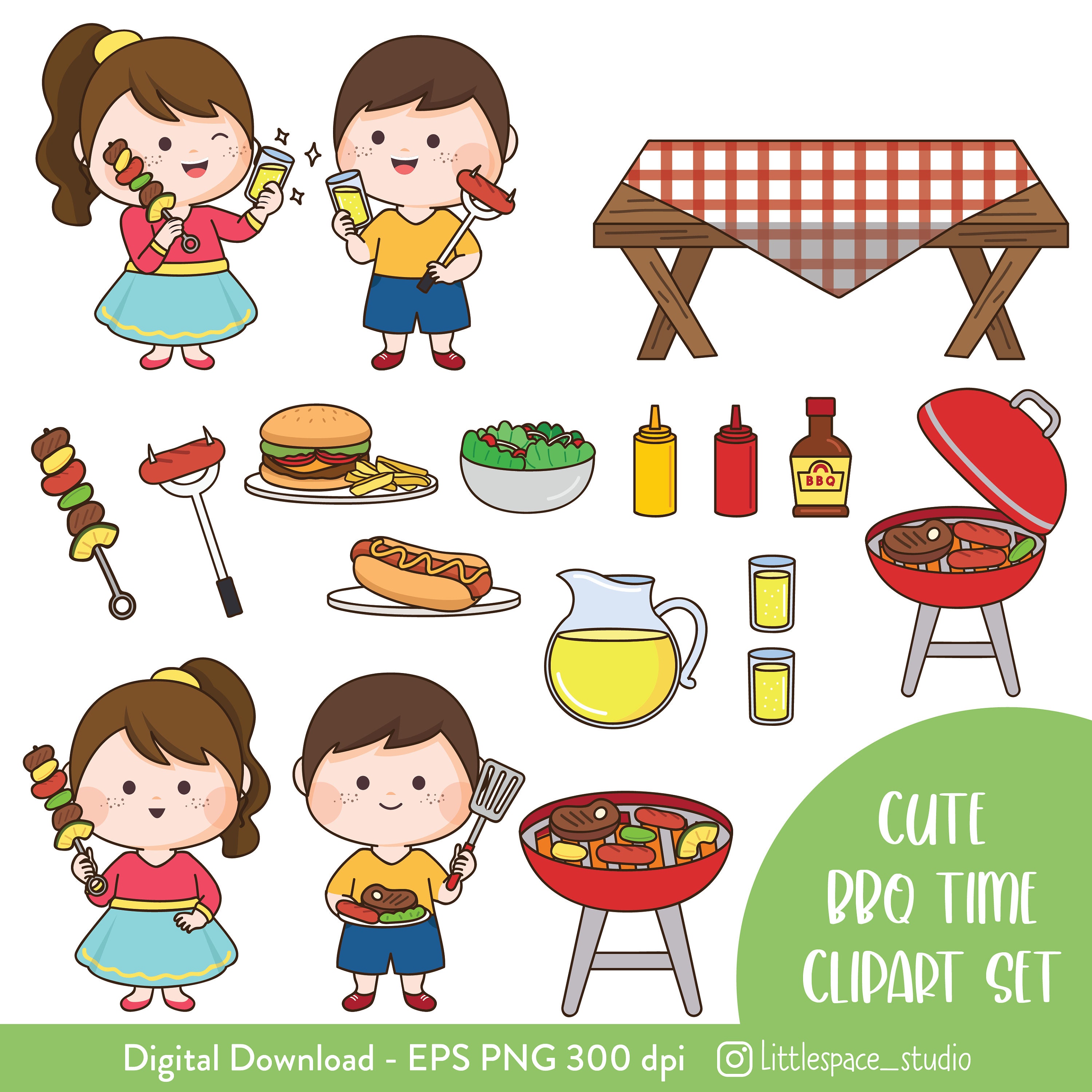 BBQ Time Clipart, Kawaii Clip Art, BBQ Clipart, Picnic Clipart, Food ...