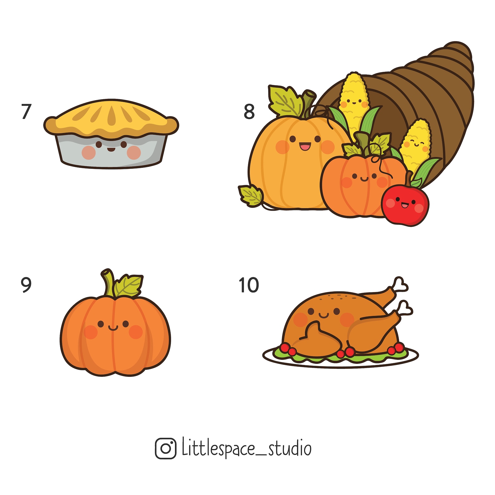 Kawaii Thanksgiving Clipart: Turkey, Pumpkin, Corn (digital Printable ...