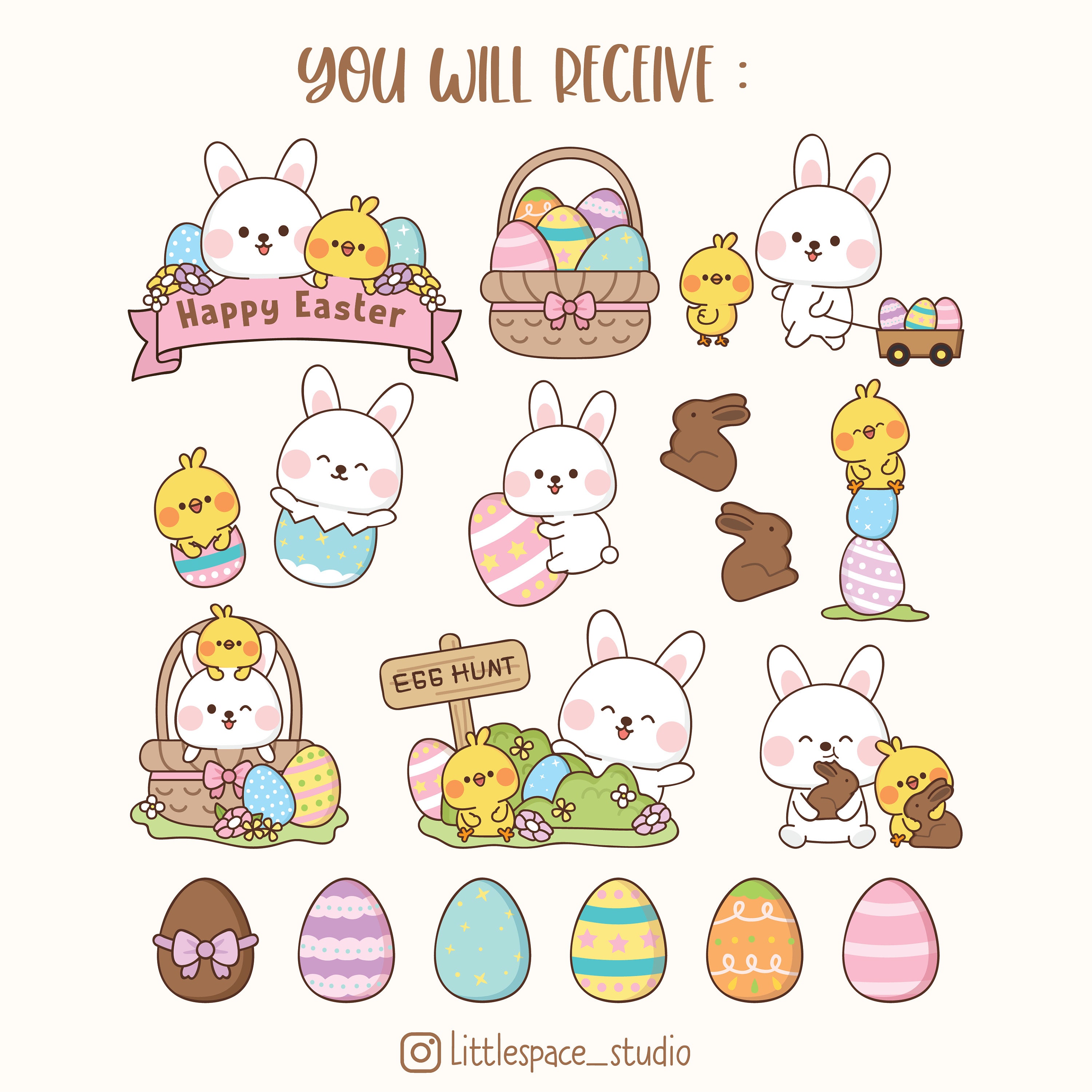 Kawaii Easter Clipart, Cute Easter Bunny Clipart, Cute Easter Chicks ...