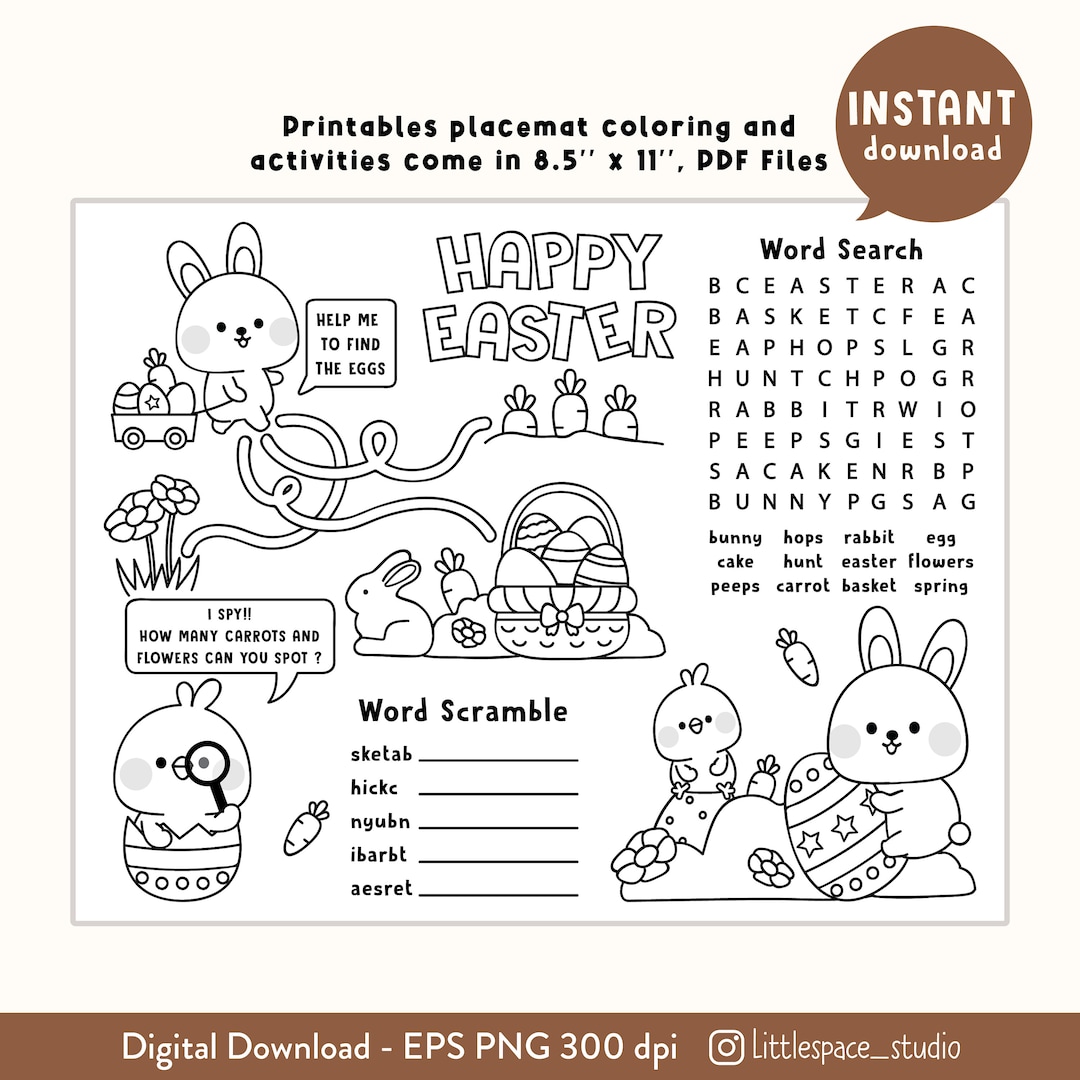 Easter Activities Bundle, Kids Easter Placemat, Printable Spring Bunny ...