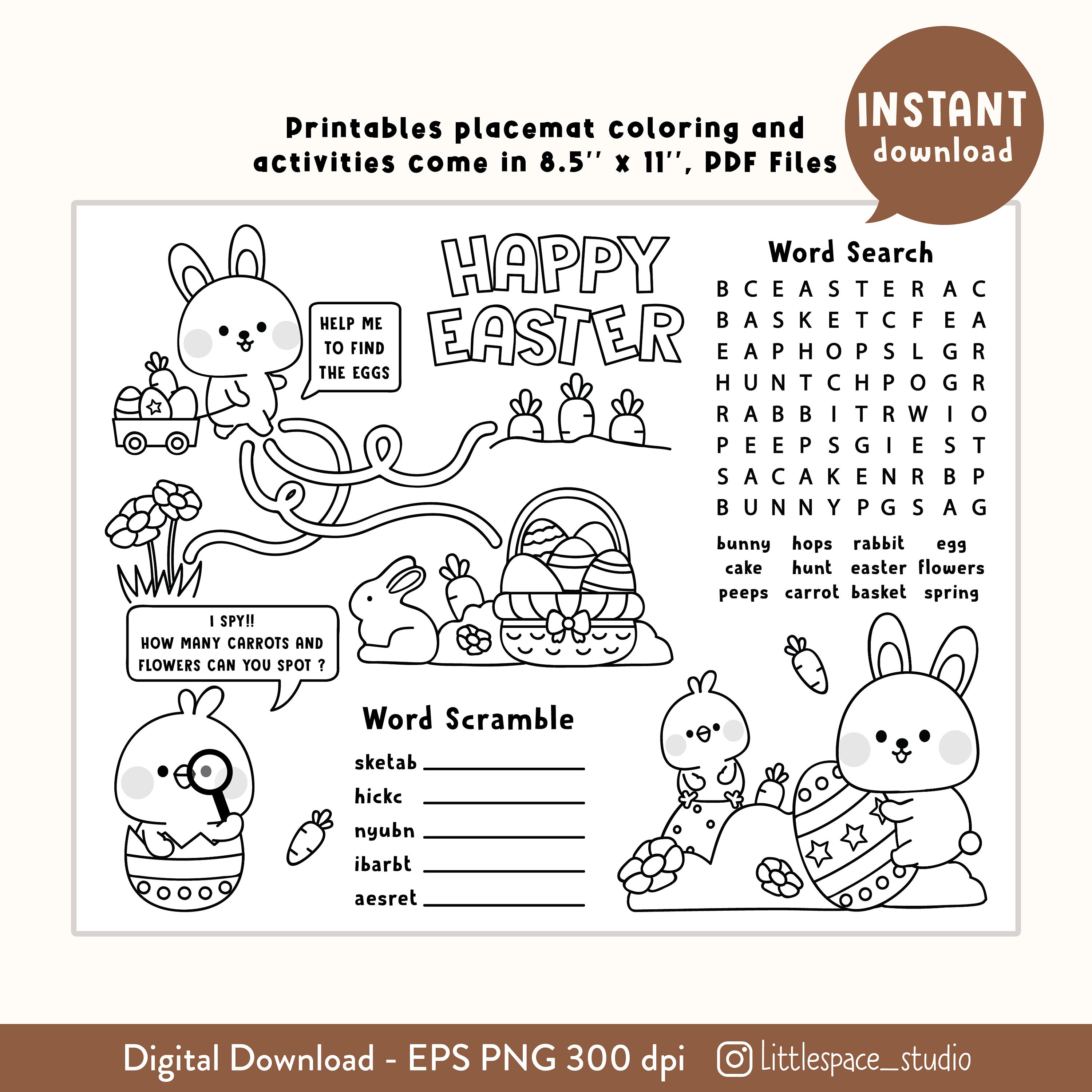 Easter Activities Bundle, Kids Easter Placemat, Printable Spring Bunny ...
