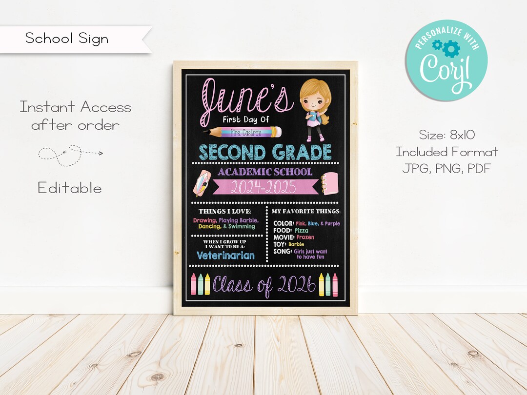 Girl First Day of School Sign, Back to School Sign, Digital, Printable ...