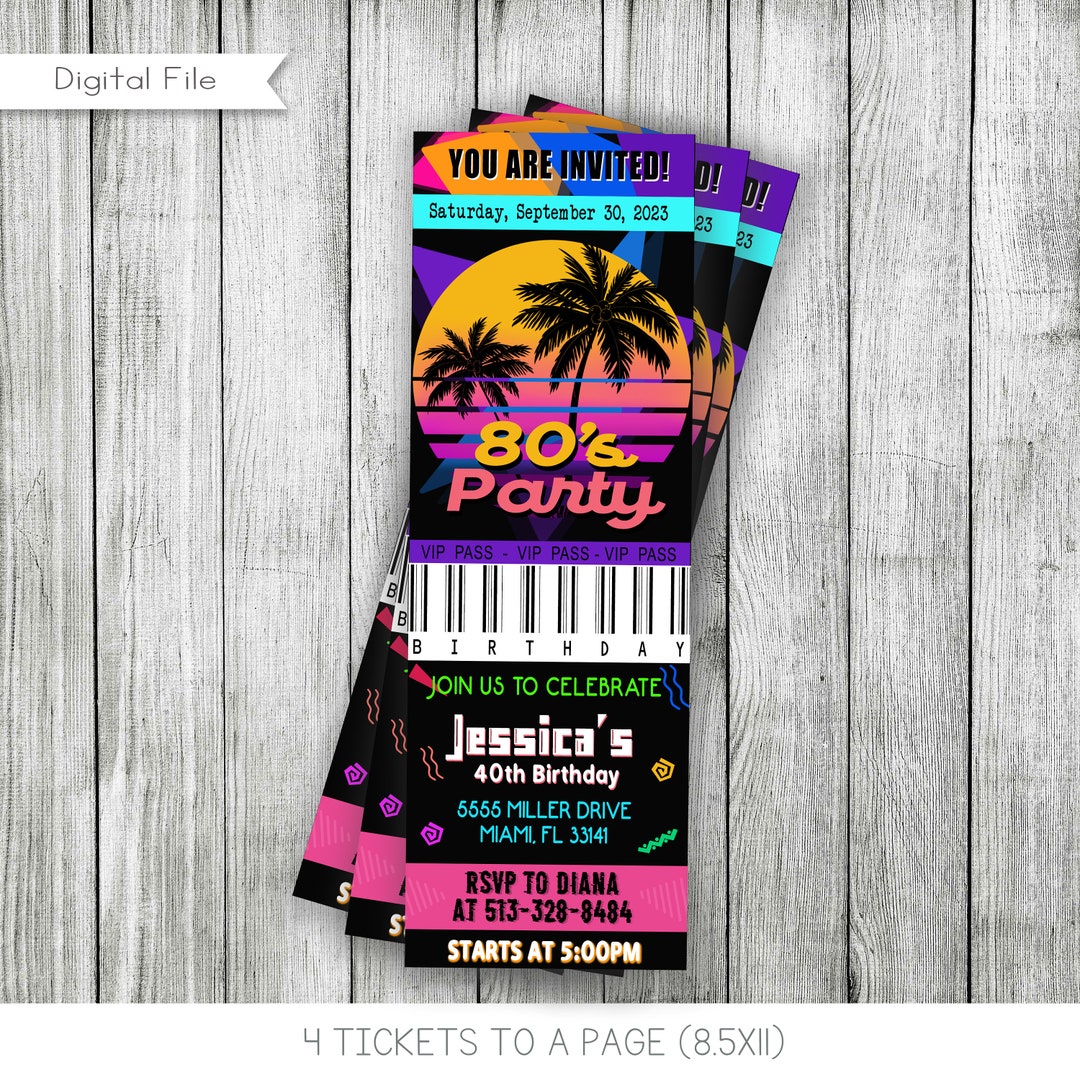 80's Birthday Party Ticket Invitations, Event Tickets, Retro Party ...
