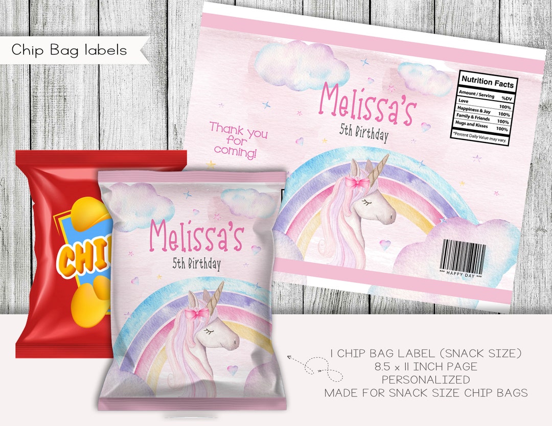 Unicorn Rainbow Birthday Snack Size Chip Bag Labels, Party Favors ...