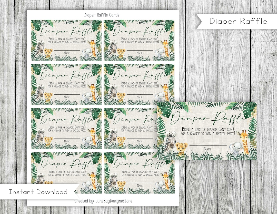 Safari Animals Baby Shower Diaper Raffle Card, Diaper Raffle Card, Baby ...