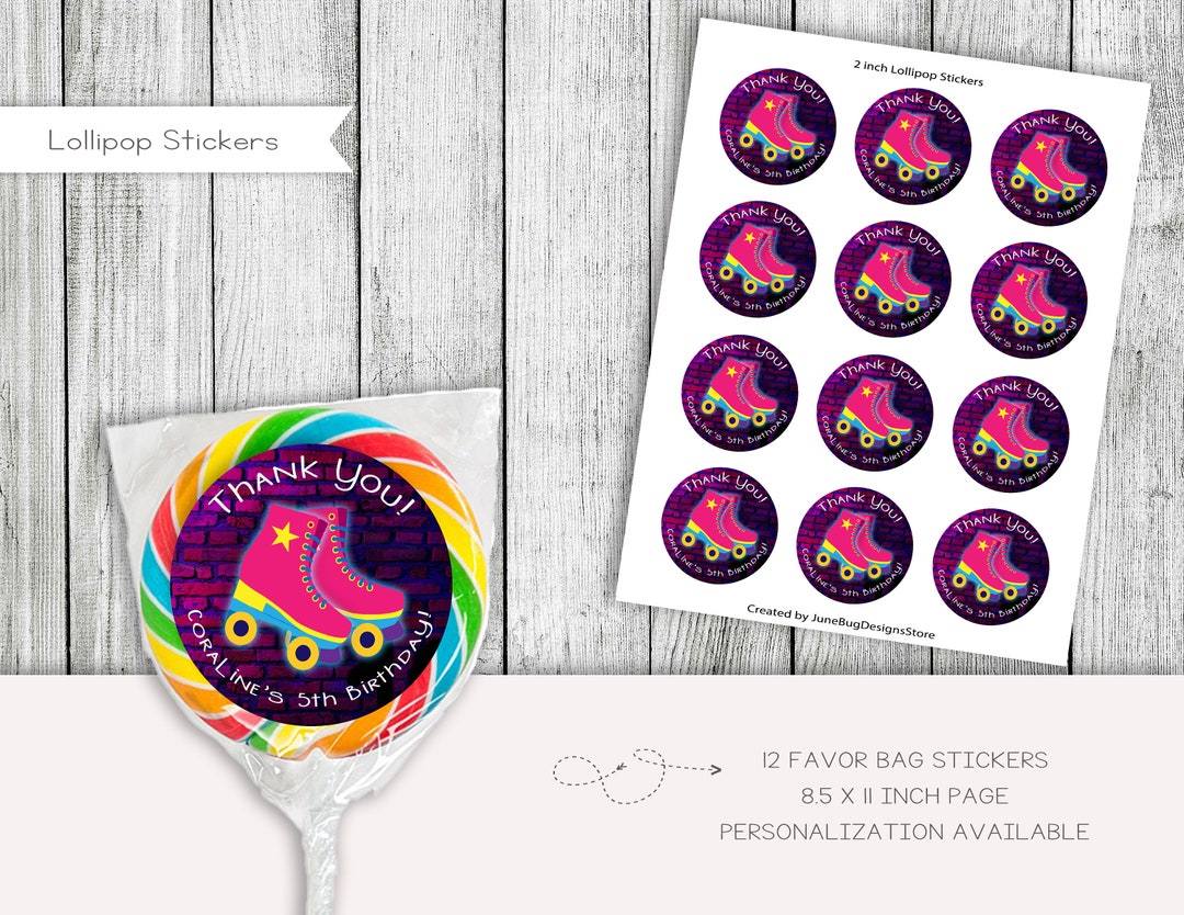 Roller Skating Birthday Lollipop Sticker Labels, Neon, Glow Toppers ...