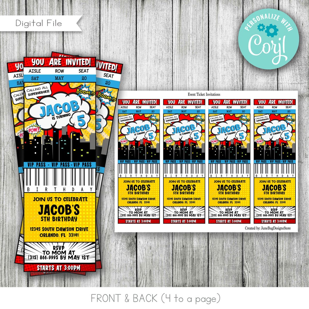 Superhero Birthday Ticket Invitation, Comic Book Birthday Invitation ...