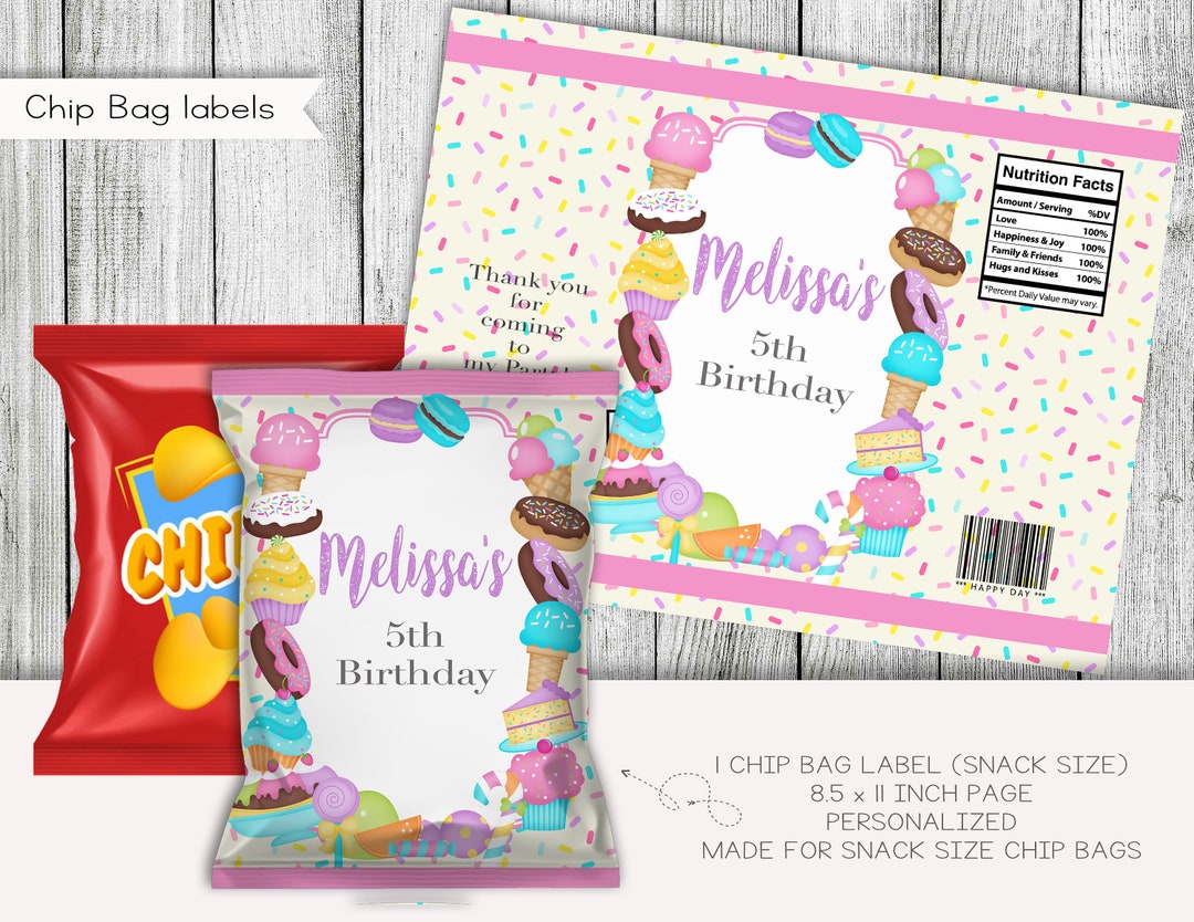 Sweets and Treats Birthday Snack Size Chip Bag Labels, Party Favors ...