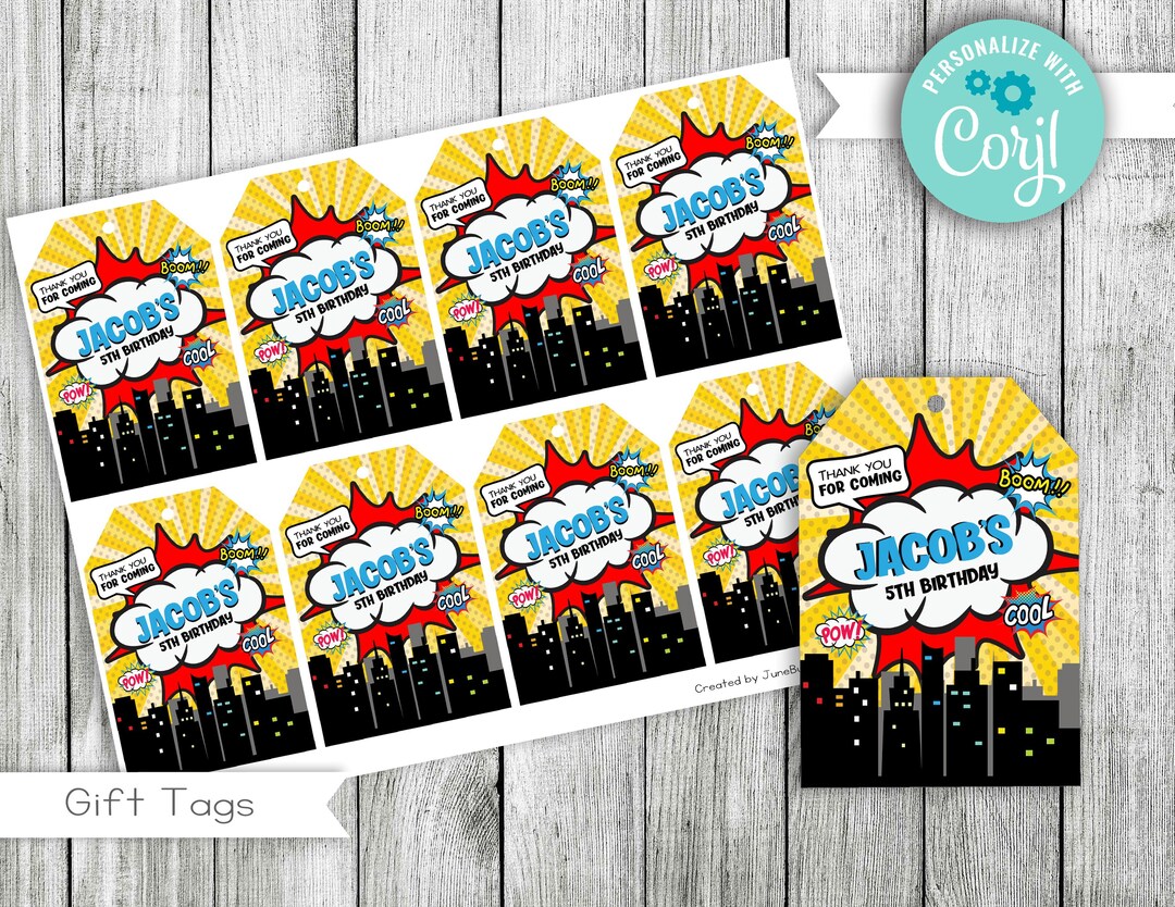 Superhero Comic Book Birthday Gift Tags, Action Hero, Comic Book Hero ...