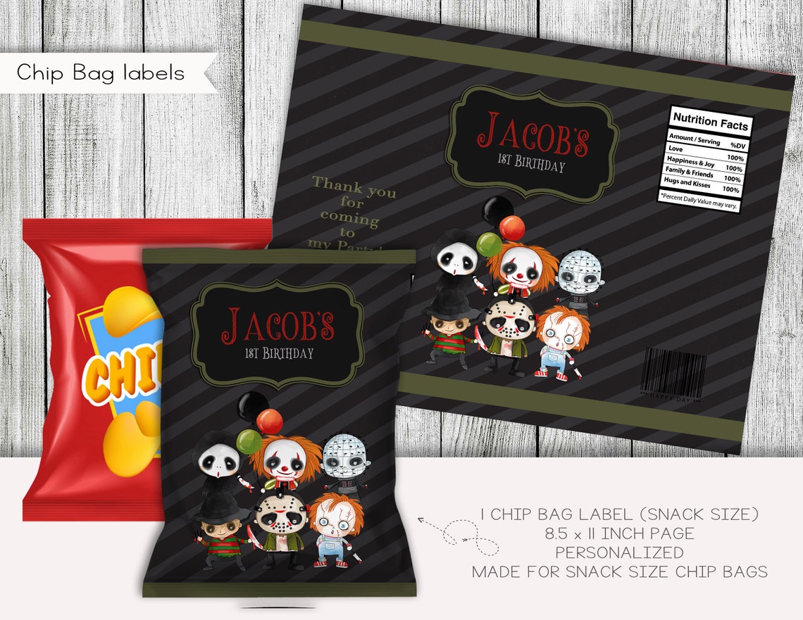 Horror Movie Birthday Snack Size Chip Bag Labels, Party Favors, Labels ...