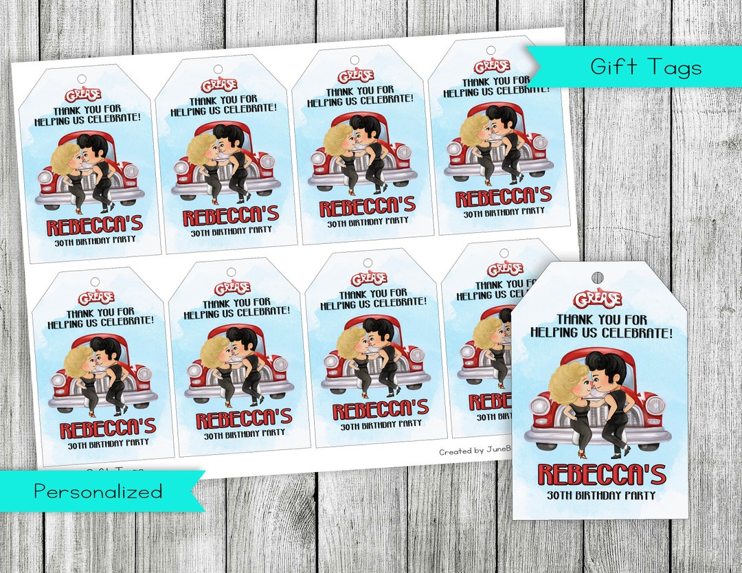 Grease Birthday Thank You Tags, Rock and Roll Party Favors ...