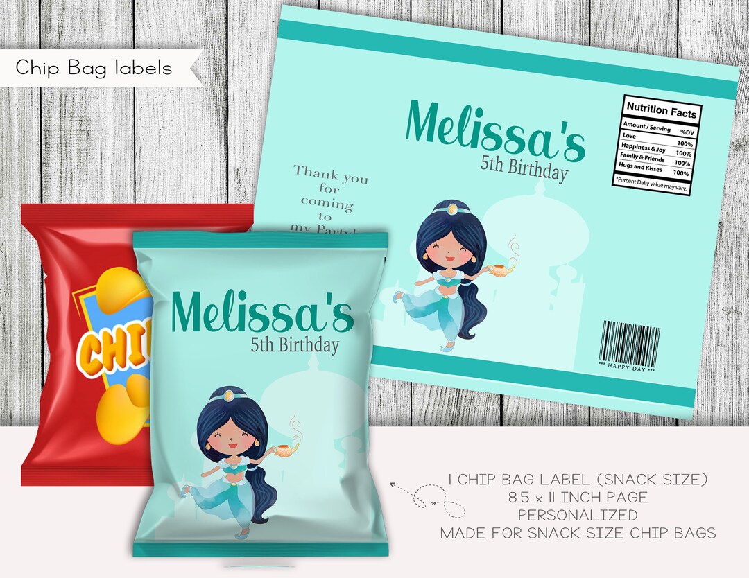 Arabian Princess Birthday Snack Size Chip Bag Label, Party Favors ...