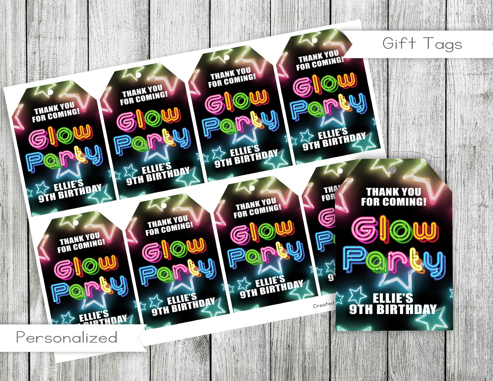 Glow Party Birthday Thank You Tags Glow in Dark Favor Tags - Etsy
