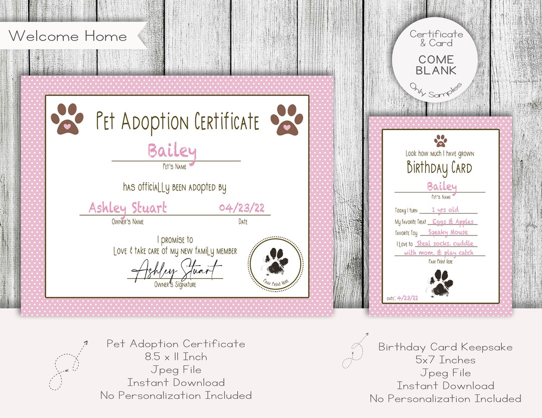 Pet Adoption Certificate & Birthday Card Keepsake (digital File) - Etsy