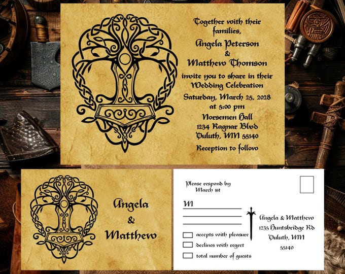 Viking Wedding Invitation: Norse Tree of Life, Thor's Hammer - Etsy
