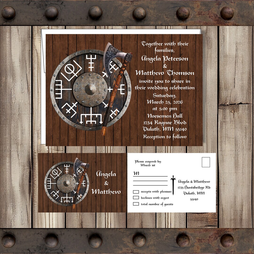 Viking Shield Wedding Invitation, Wood Style Background, Viking Runes ...