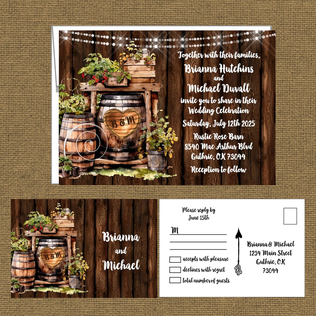 Rustic Country Wine Wedding Invitation Wine Barrel Garden - Etsy